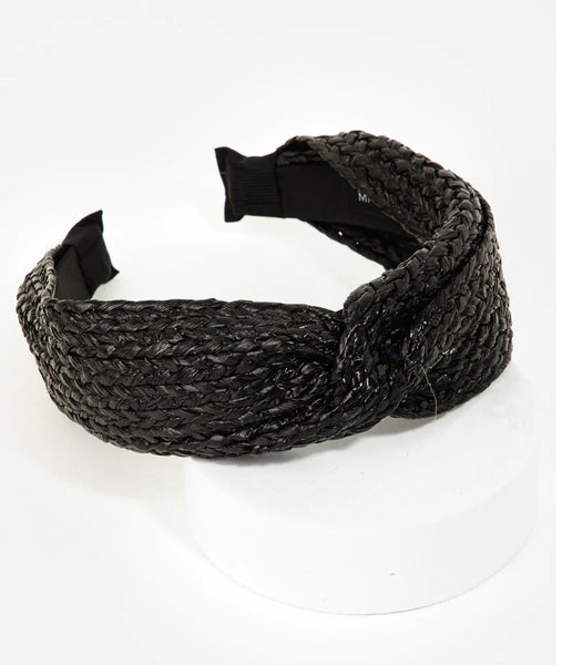 Straw braided twist top knot raffia headband available in khaki and bl ...
